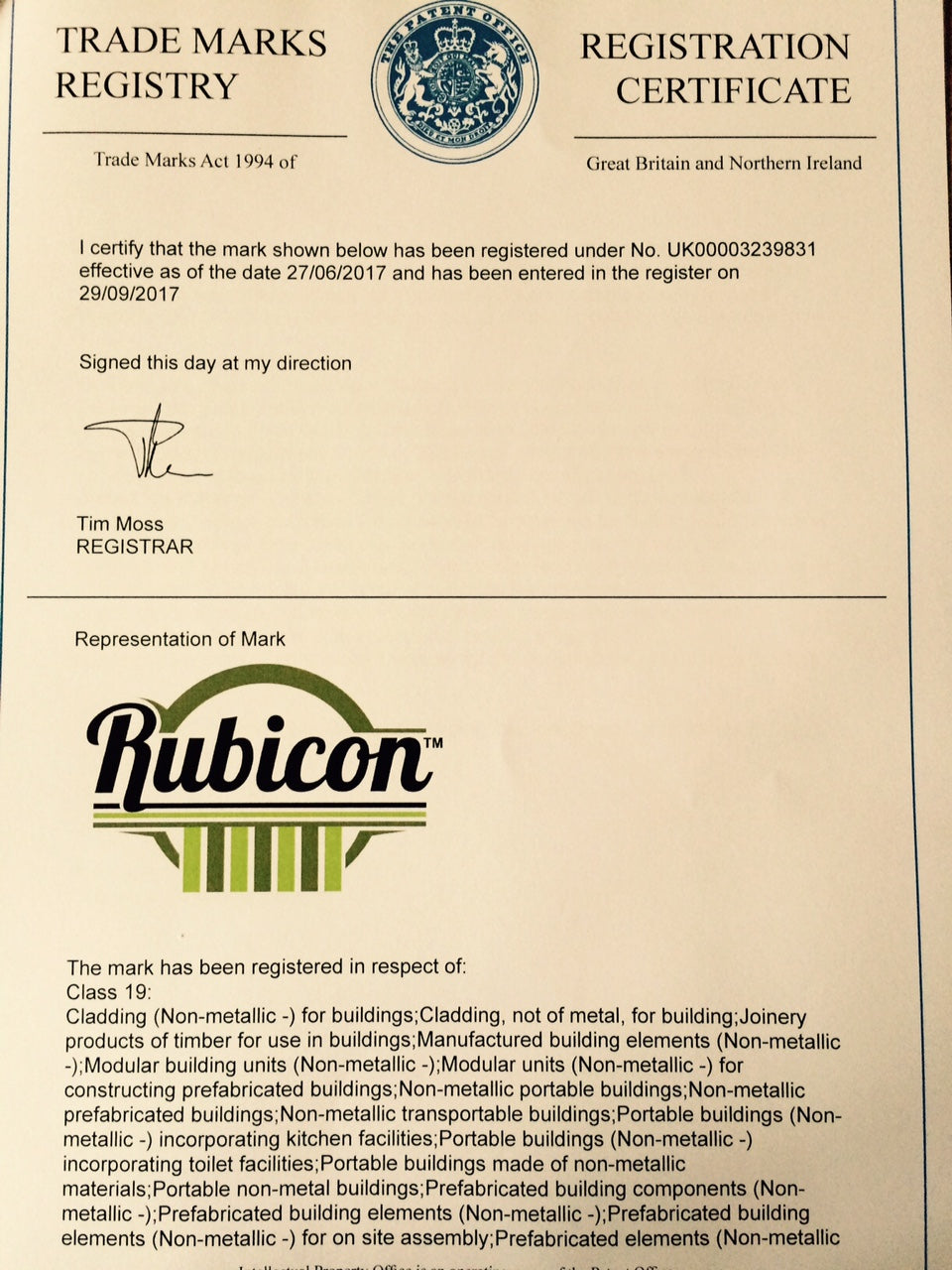 Rubicon Registers Trademark - Rubicon Garden Rooms